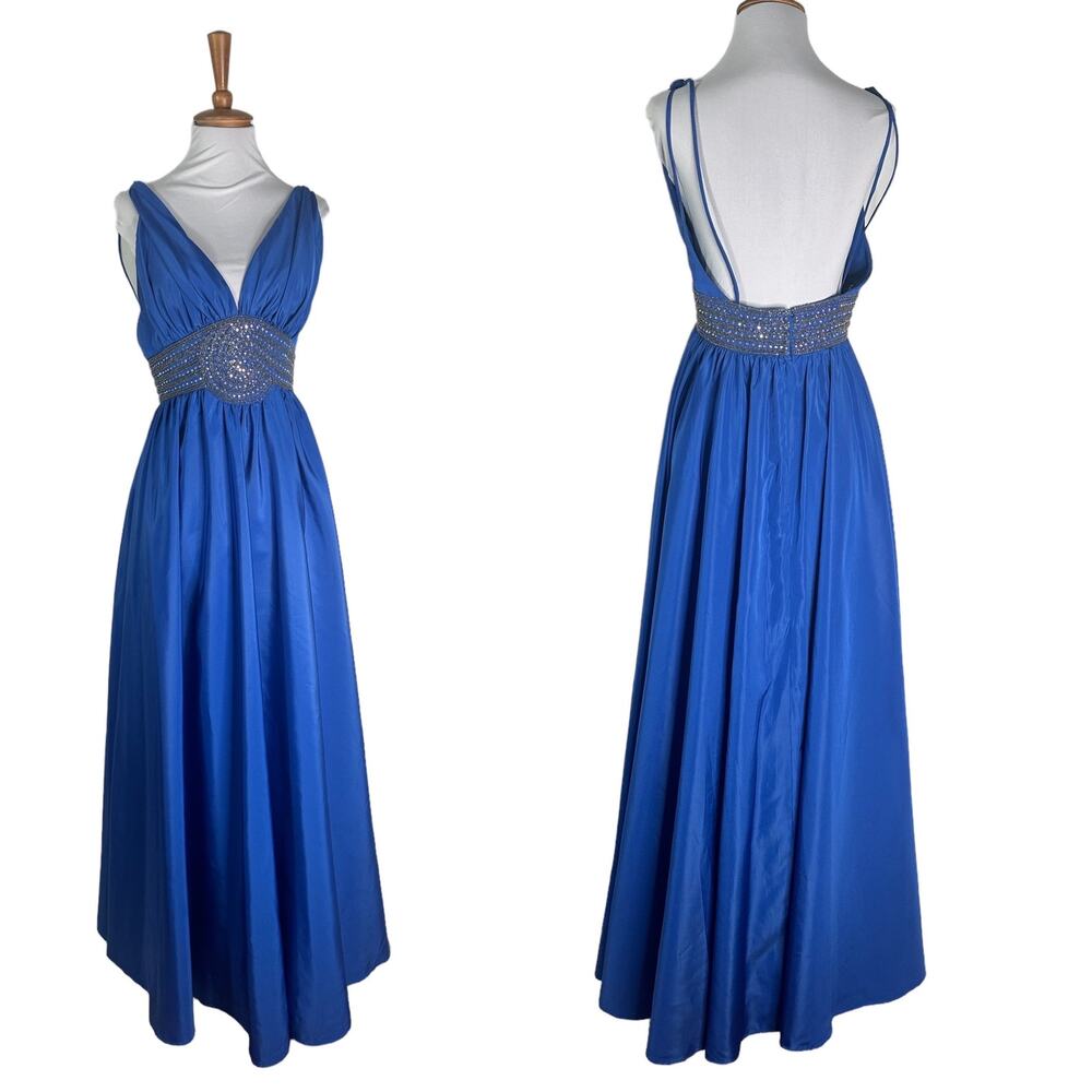 Vintage 1980s Mike Benet Blue Taffeta Backless Gown M - Gem